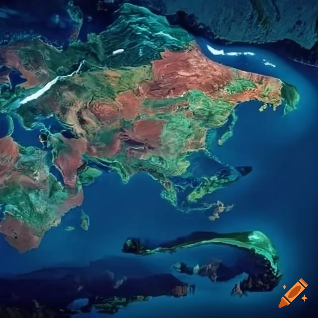 Aerial view of an unknown continent on Craiyon