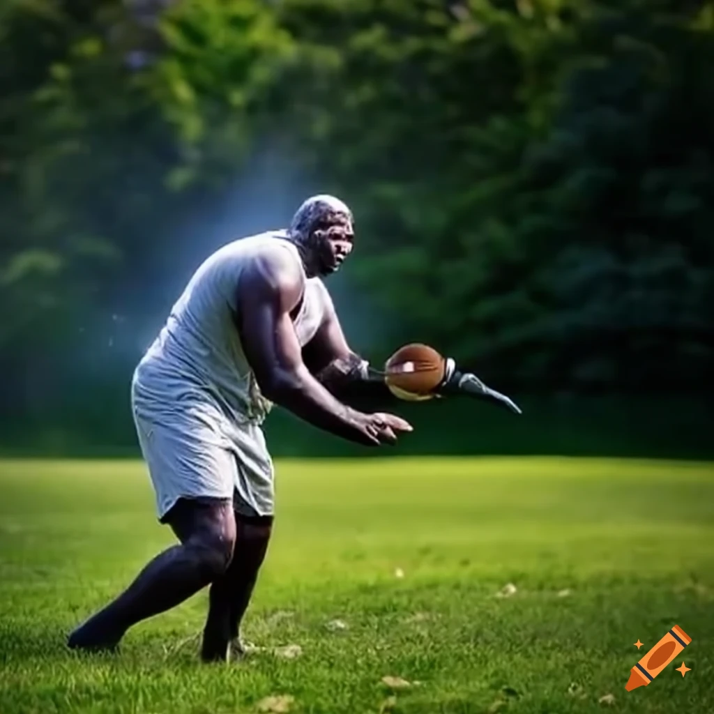 Shaq playing in sprinklers in a field on Craiyon