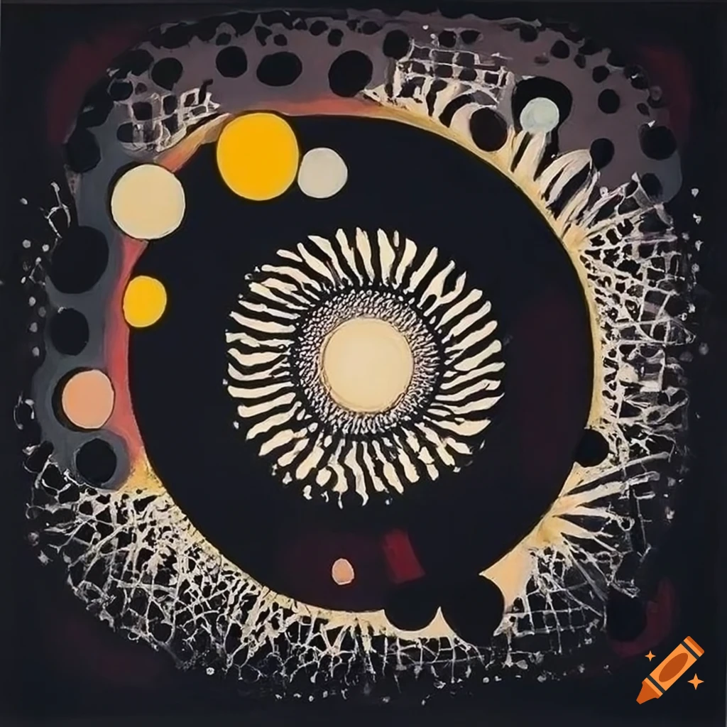 Monochrome woodcut print of abstract cogs and gears with smoke and haze ...