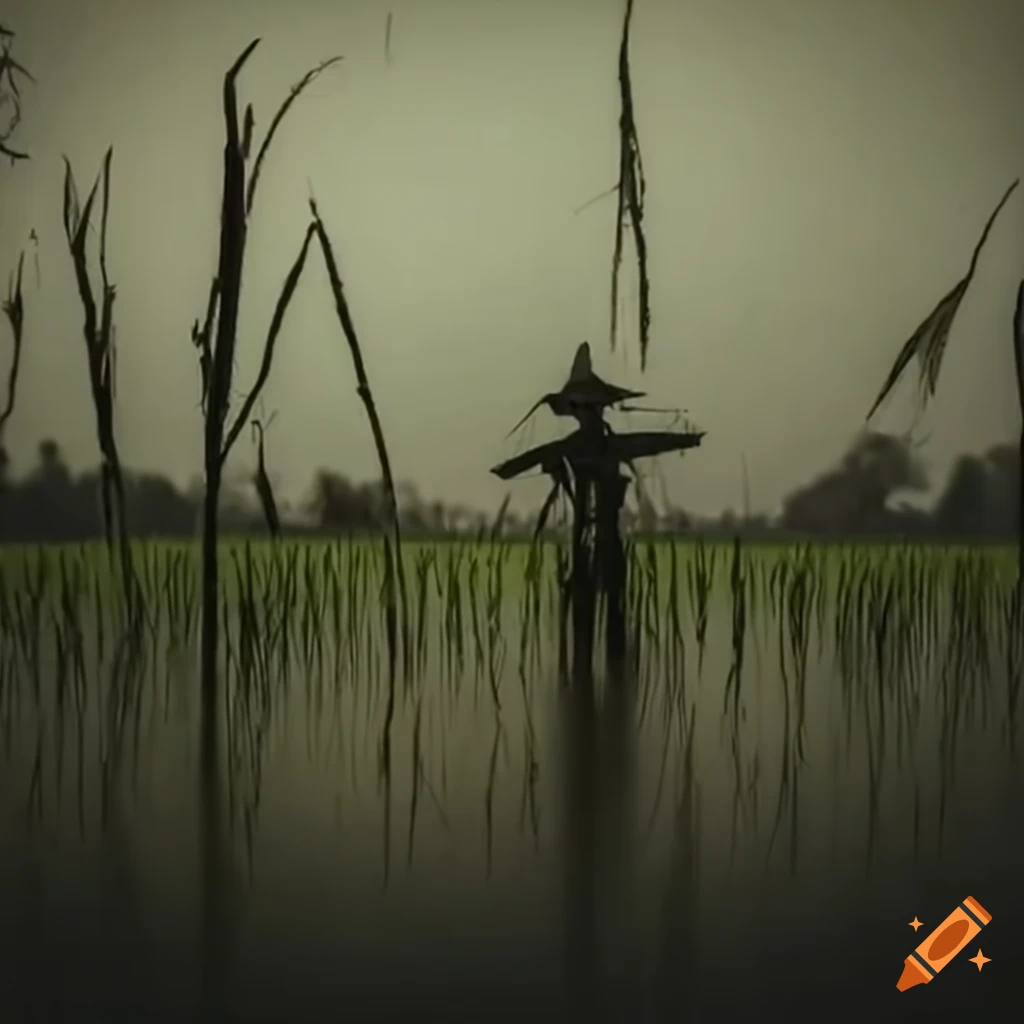 Scarecrow standing in an empty rice paddy
