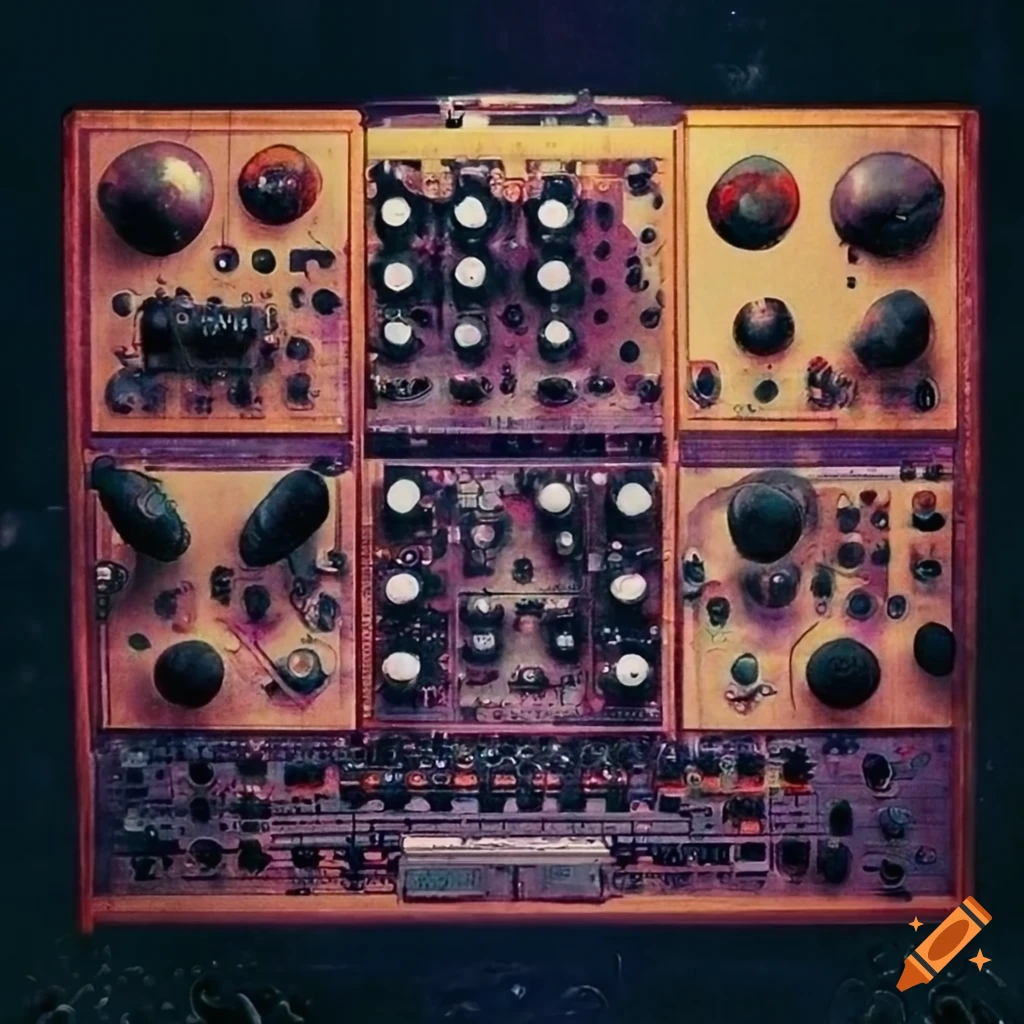 Vintage fantasy cover art with an alien playing synthesizer