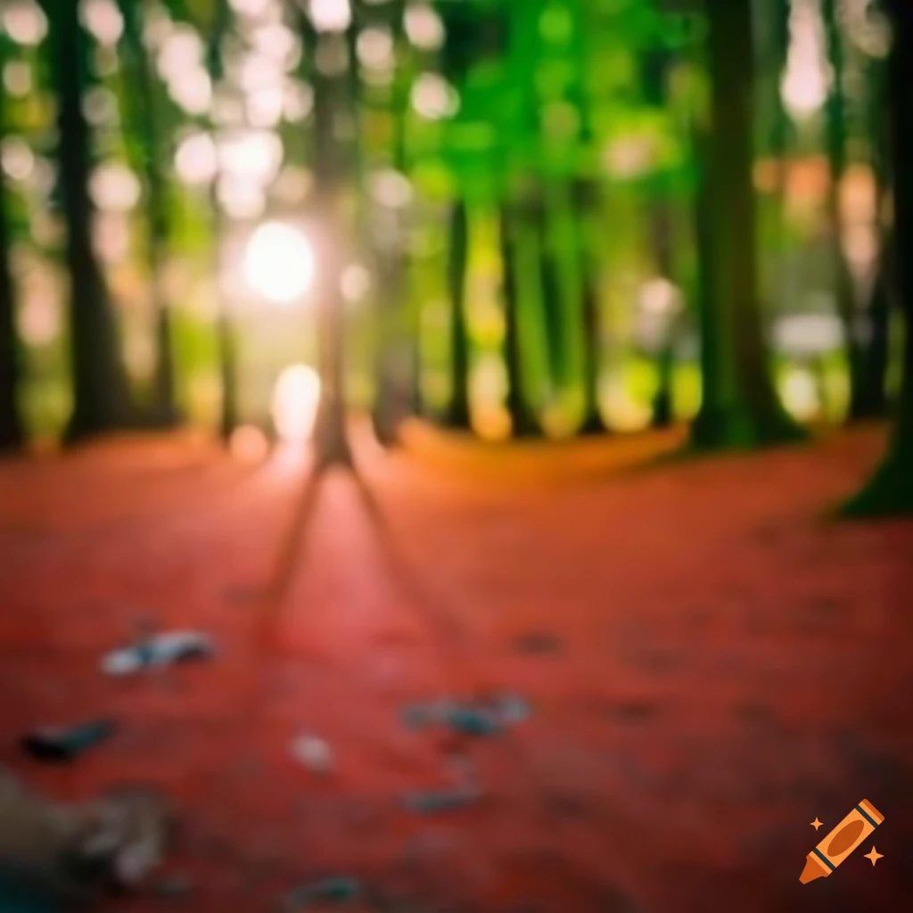 Mythical red forest with green trees