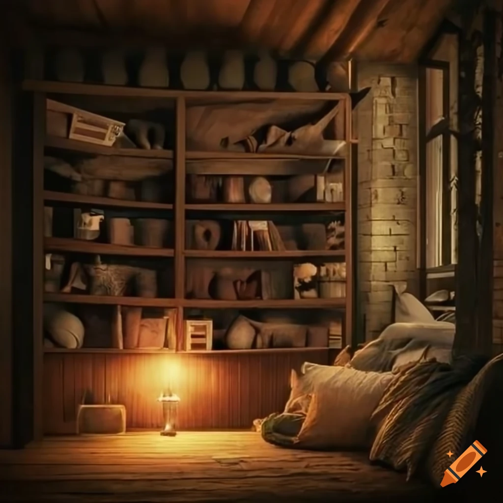 Warmly lit rustic bedroom with bookshelves and forest view