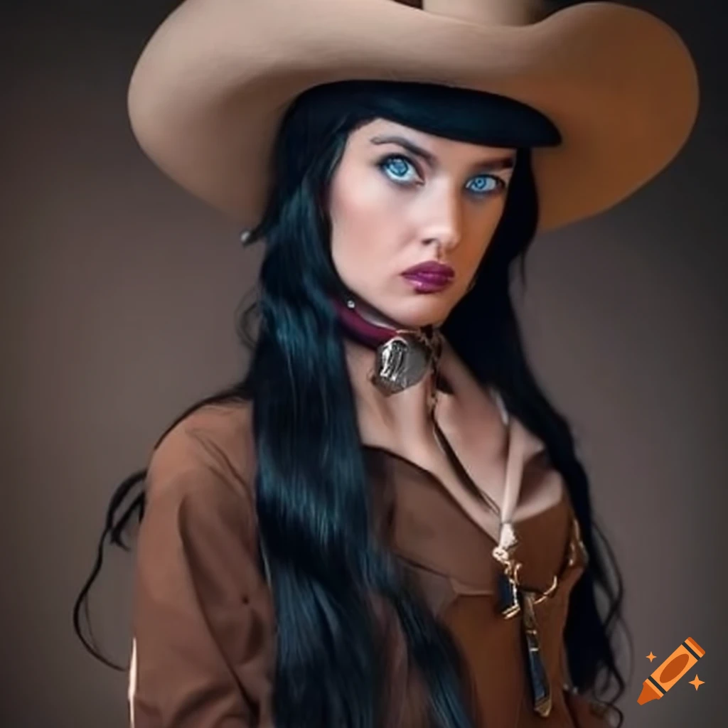 Portrait of a wild west woman sheriff with black hair and blue eyes