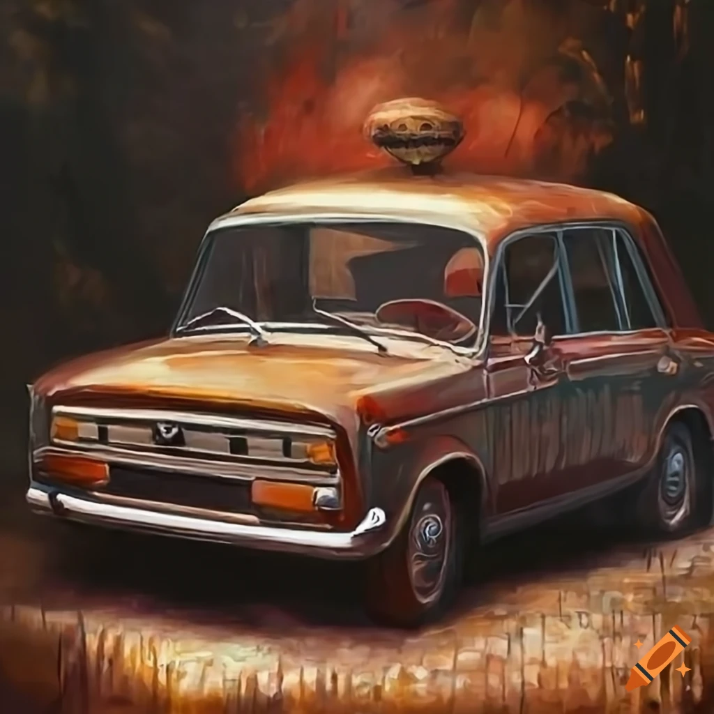 Realistic depiction of a lada car inside a mausoleum on Craiyon