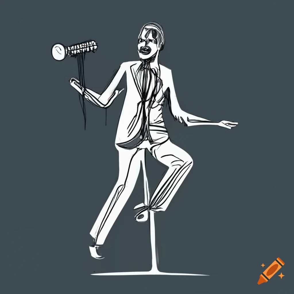 Line drawing of a man speaking on a stage