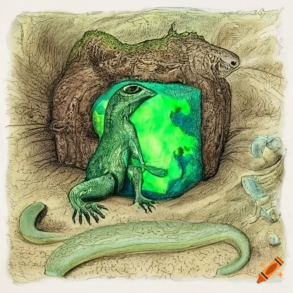 Detailed pen and ink illustration of a single-eyed lizard creature with ...