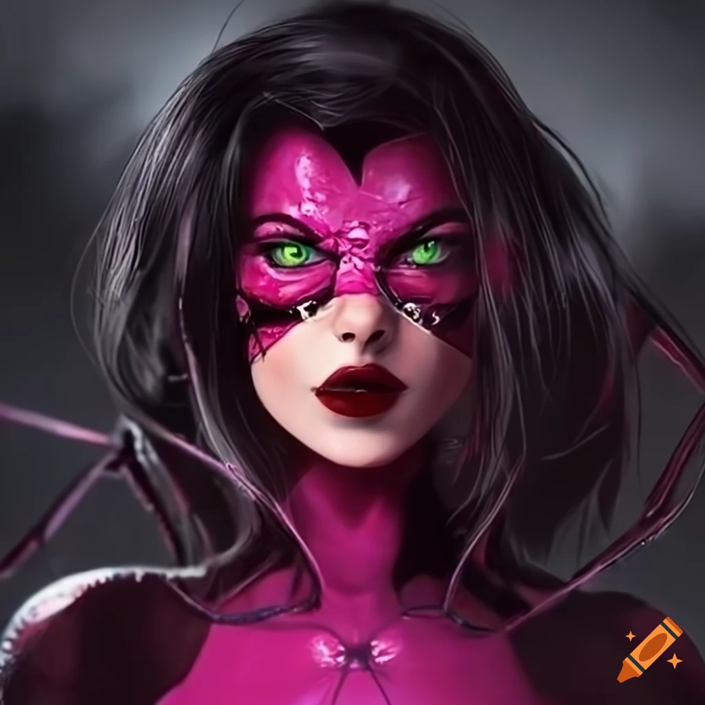 A pink widow spider woman with black hair and green eyes on Craiyon