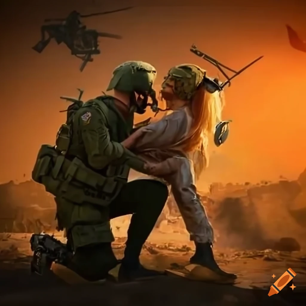 Image of a love story between soldiers in the battlefield on Craiyon