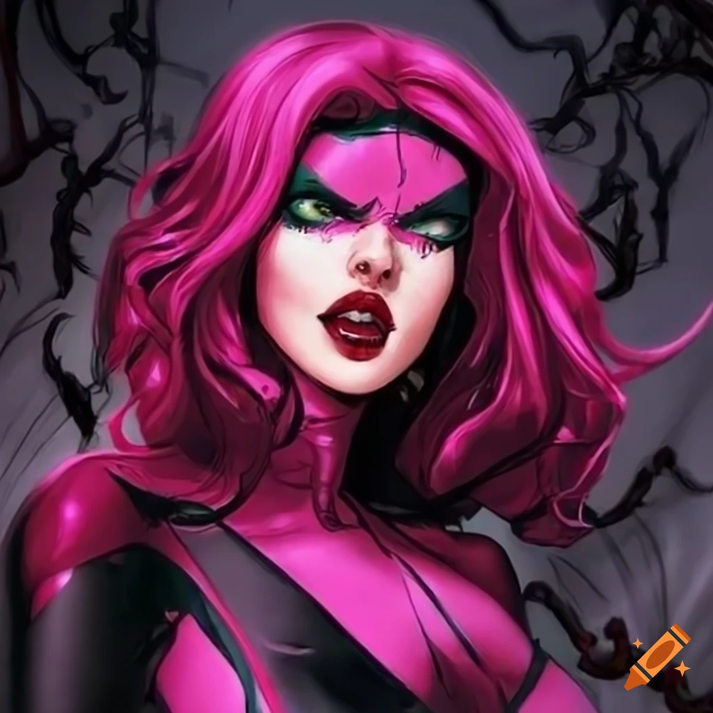 Artwork of a pink widow spider-woman
