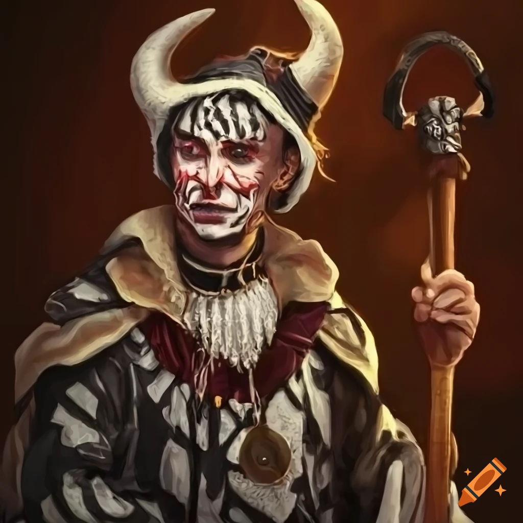 Illustration of a jester bard with devil horns and mace on Craiyon