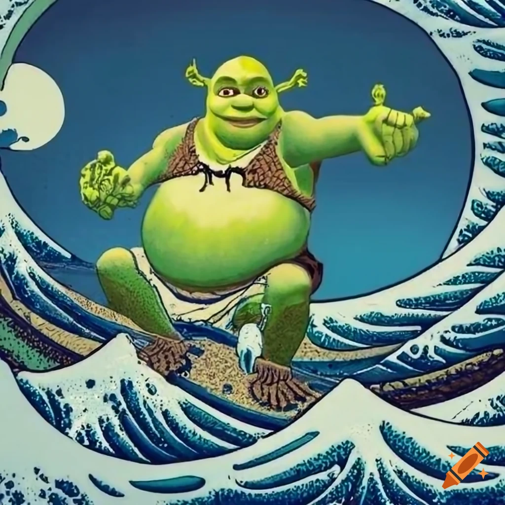 Hokusai-style shrek with japanese symbols