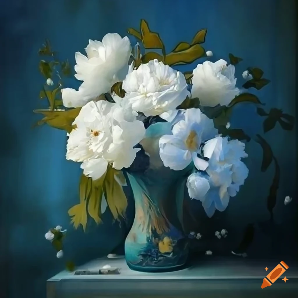 Photo-real art nouveau style painting of a vase with gypsophila and ...
