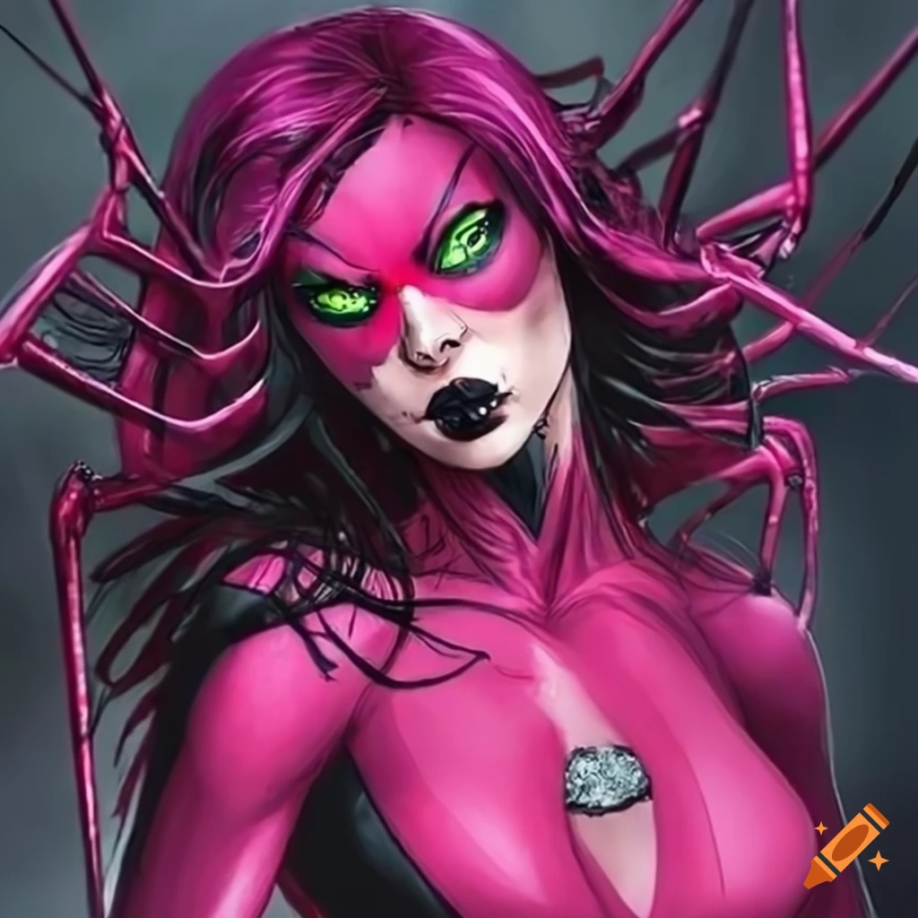 Image of a woman dressed as a pink widow spider