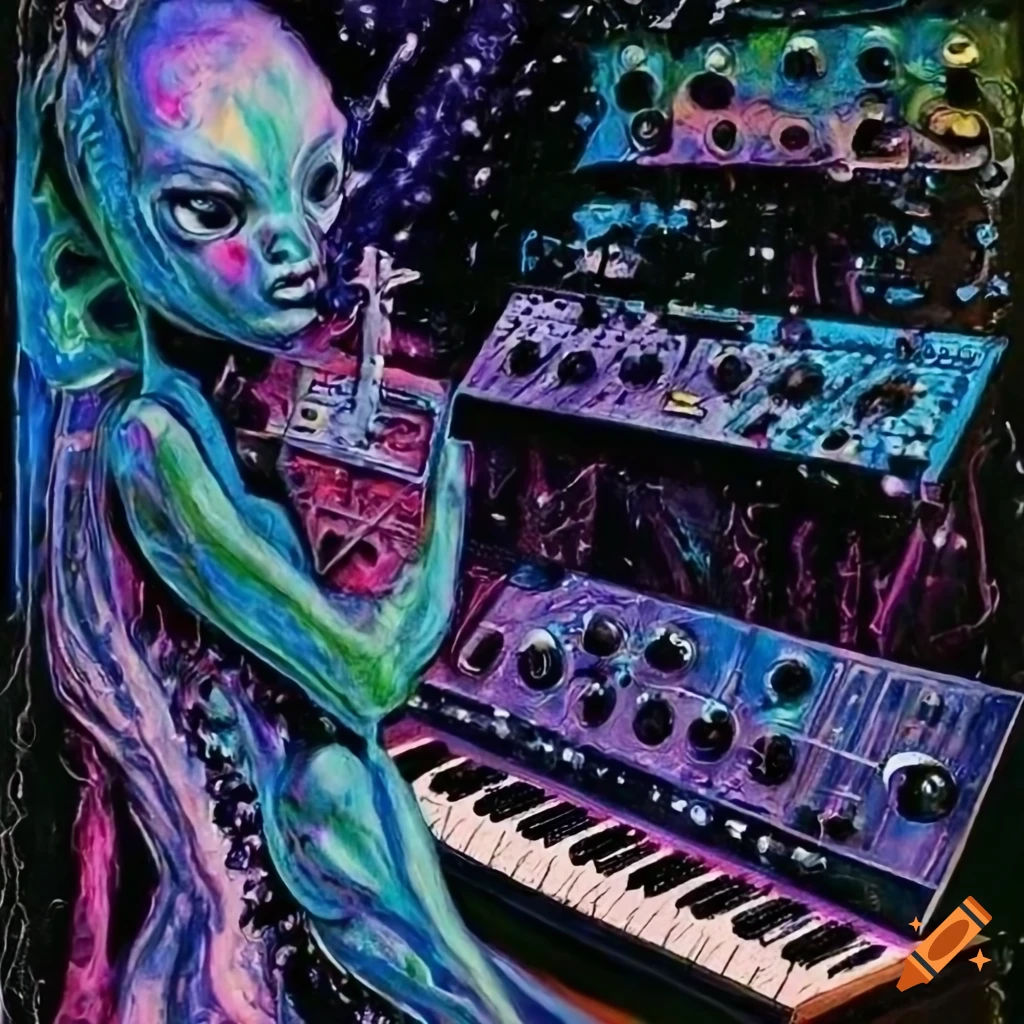 Vintage fantasy cover art of an alien playing a synthesizer on Craiyon
