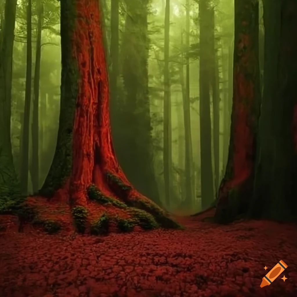 Image of a red forest with lush green trees on Craiyon