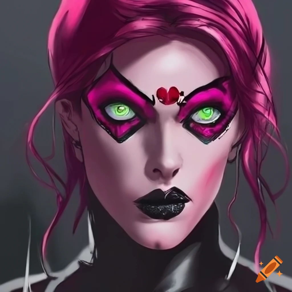 Pink widow spider-woman with black hair and green eyes