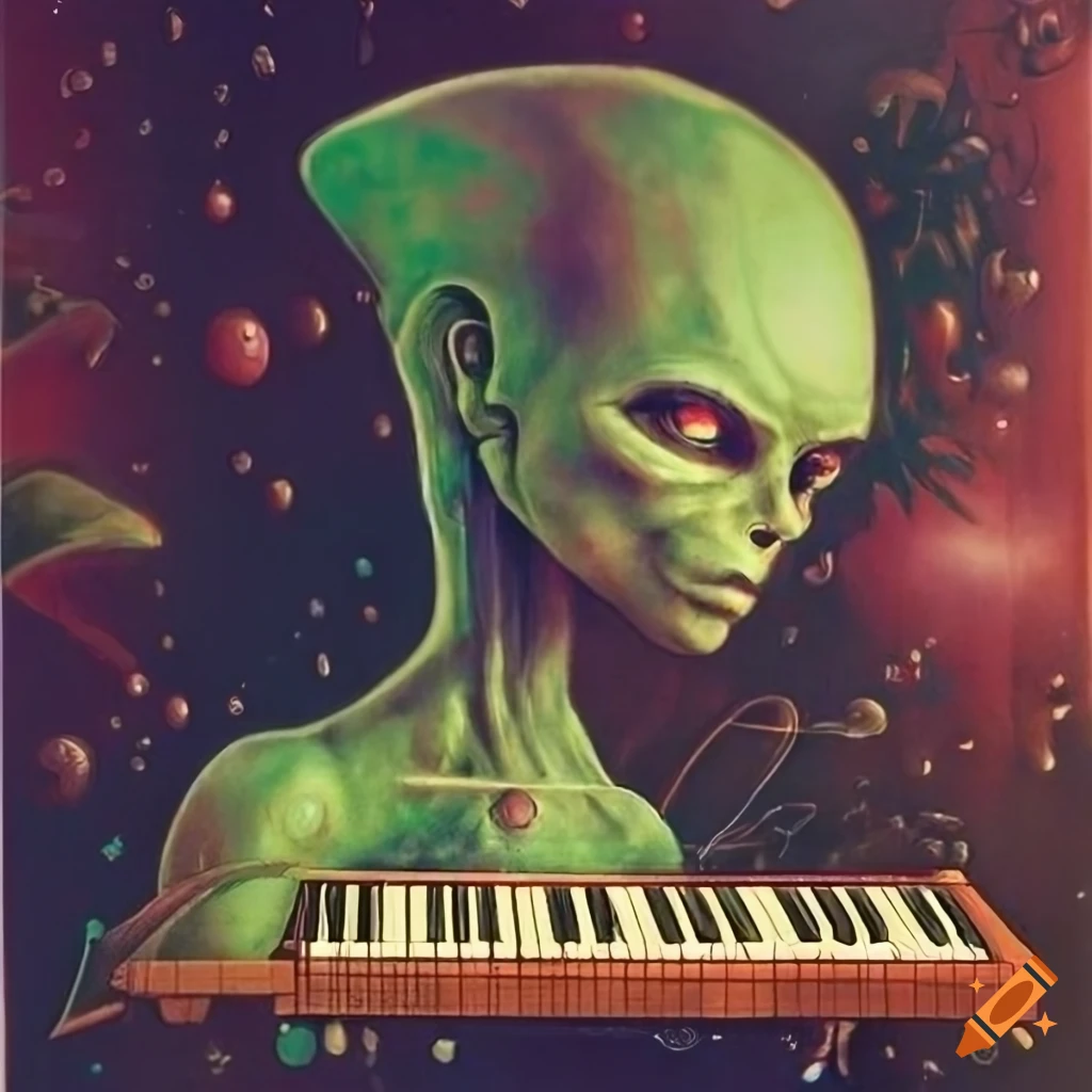 Vintage fantasy cover art of an alien creature playing synthesizer on ...