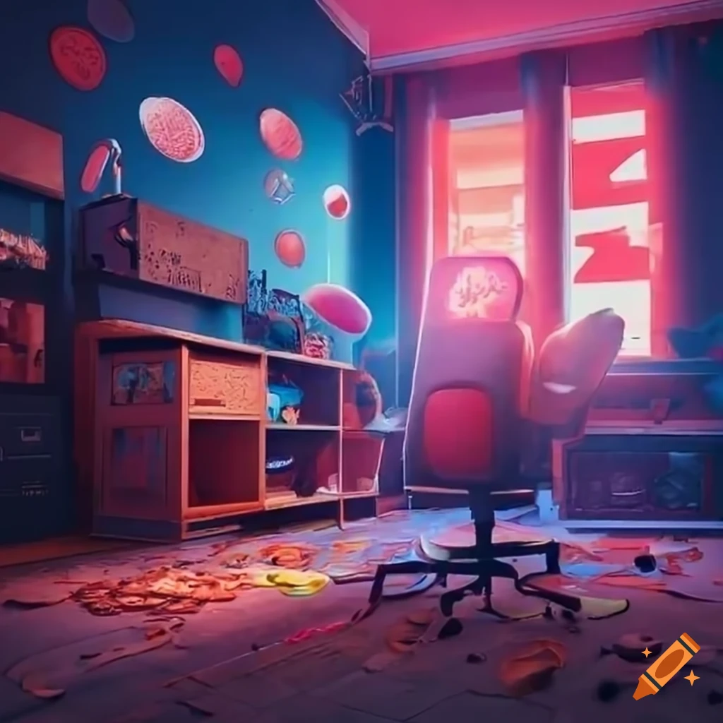 Cozy gaming room with a messy pizza box
