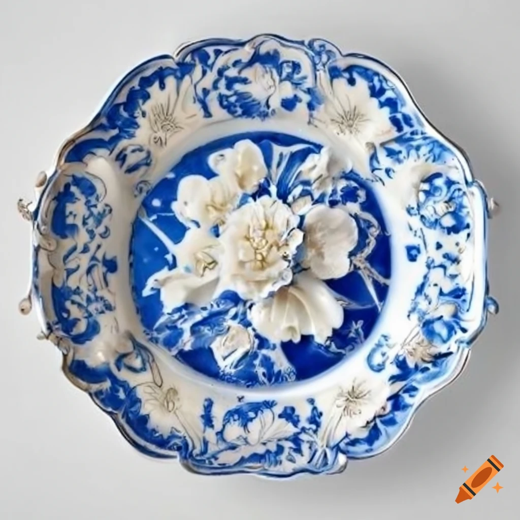 Blue rococo plate with white flower relief on Craiyon
