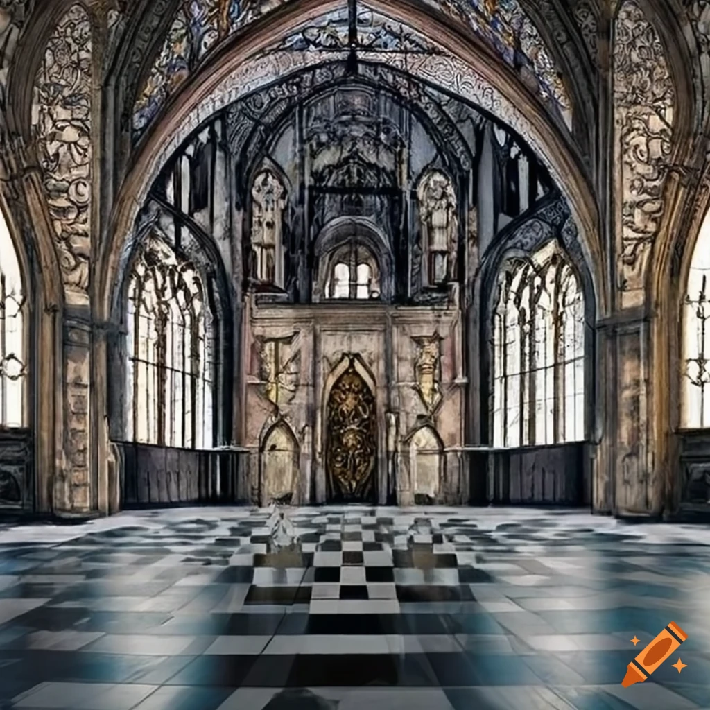 Fantasy castle with chessboard-like floor and stained glass windows on ...