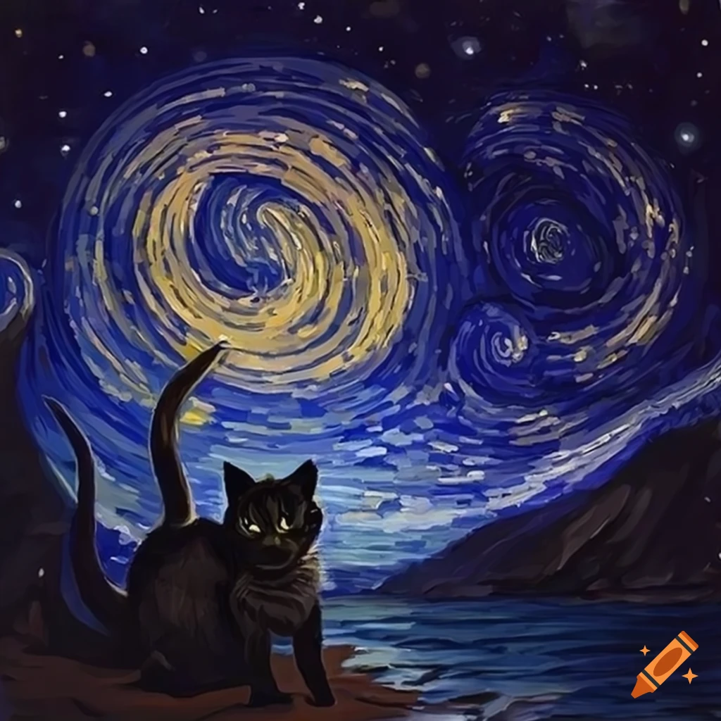 Painting of cats under a starry night