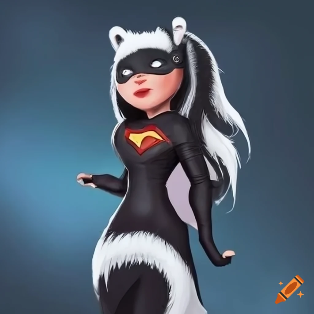 Female superhero dressed in a skunk-inspired costume on Craiyon