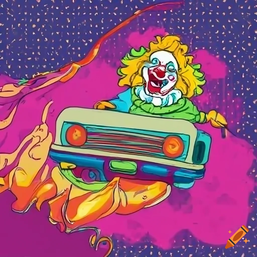 Pop art clown driving a wrecked car on fire on Craiyon
