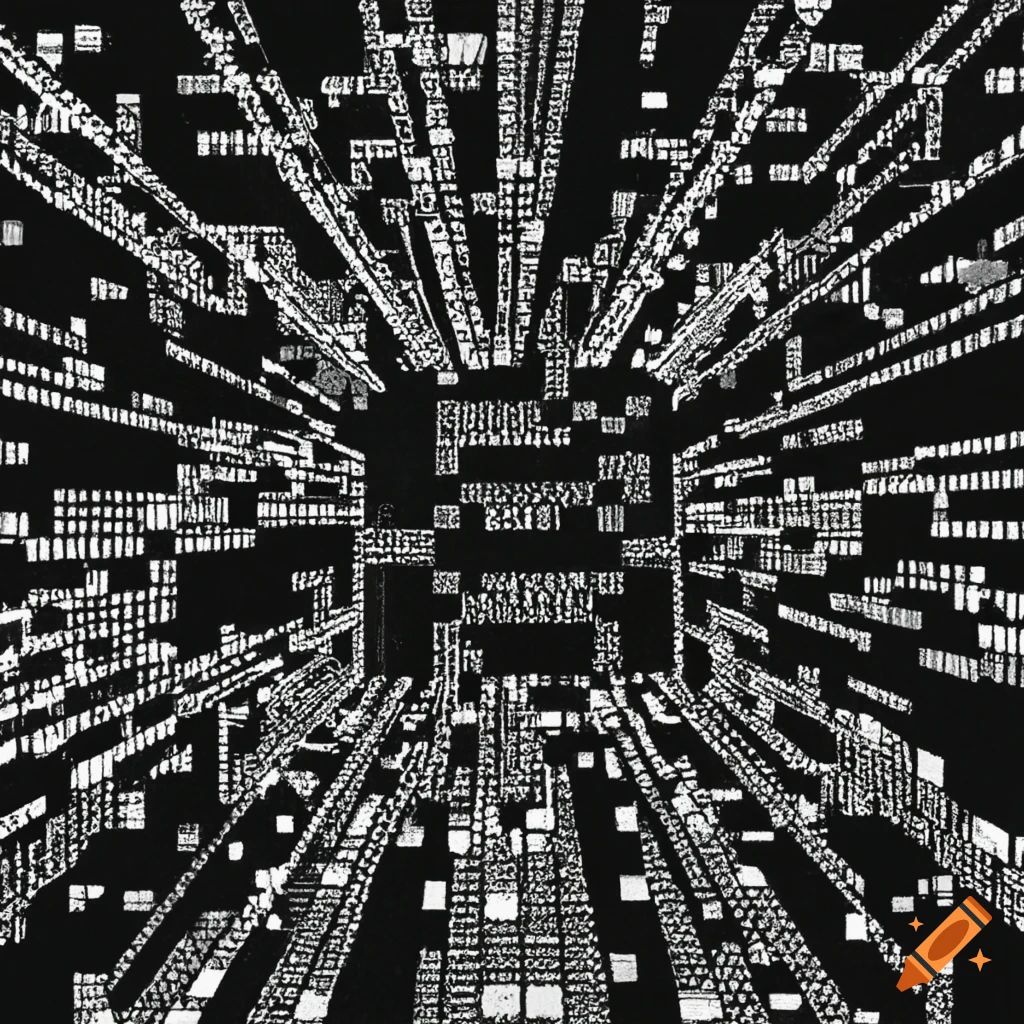 White bar-code-like hieroglyphs code on a black background, sharp ...