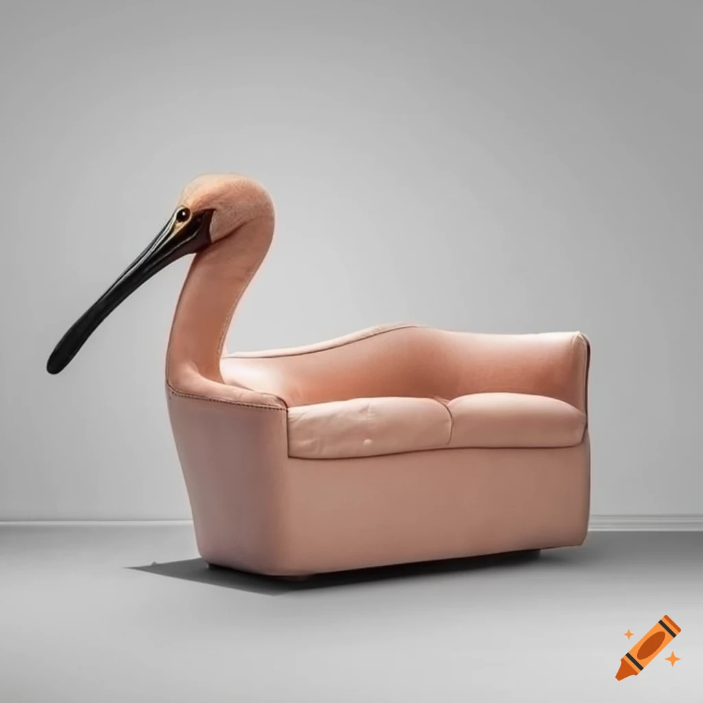 White leather sofa shaped like a stuffed spoonbill on Craiyon