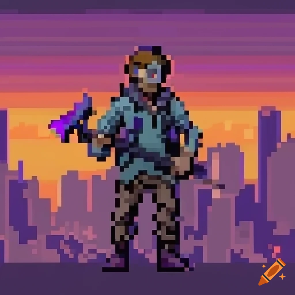 Pixel art of an apocalypse survivor with a backpack and axe on Craiyon