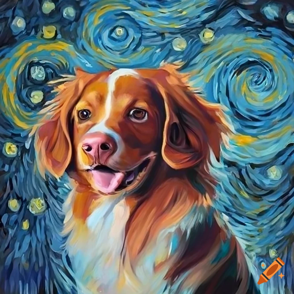 Hyper detailed painting of a duck toller retriever in starry night style