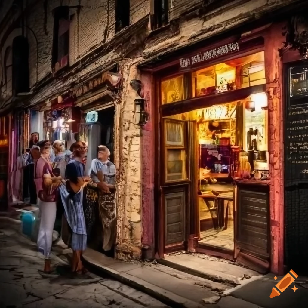Elderly man in a suit smoking a cigar outside a coffee shop with a line of people on Craiyon