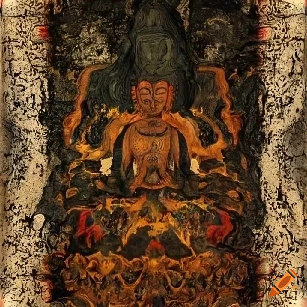 Dark and mystical artwork of a cave with twisted trees and occult ...