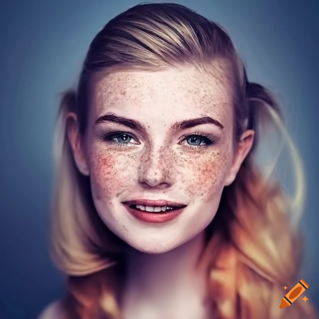 Portrait Of A Smiling Young Woman With Blonde Hair And Freckles On Craiyon