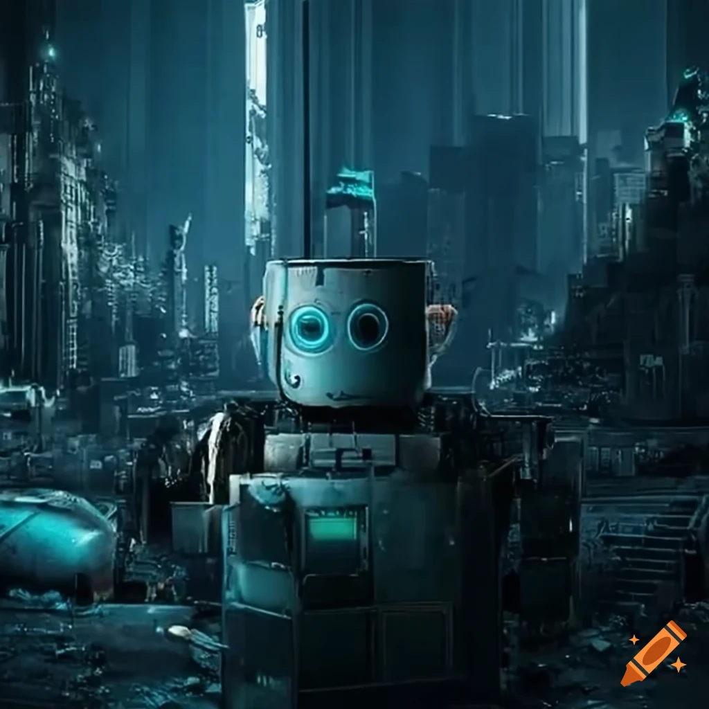 Image of a solitary robot in a ruined city on Craiyon