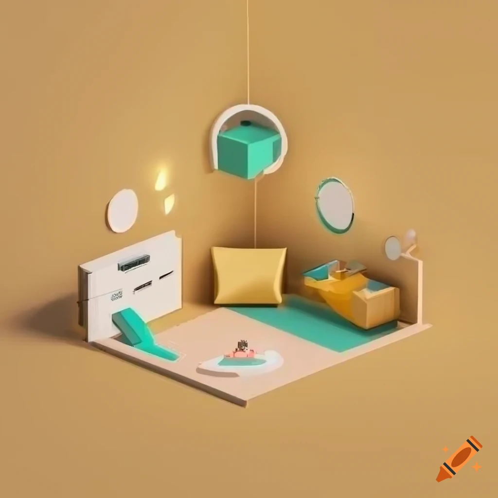 Tiny clean minimalist periwinkle lilac isometric living space on Craiyon