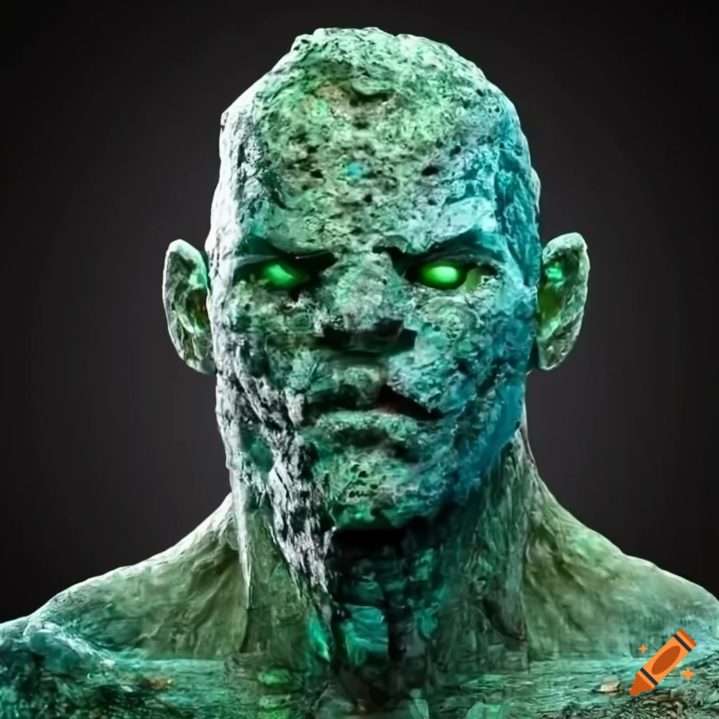 Detailed image of a male stone golem with green eyes