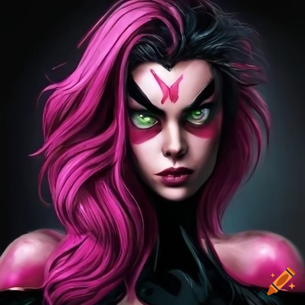 Image of a pink widow spider-woman with black hair and green eyes on ...