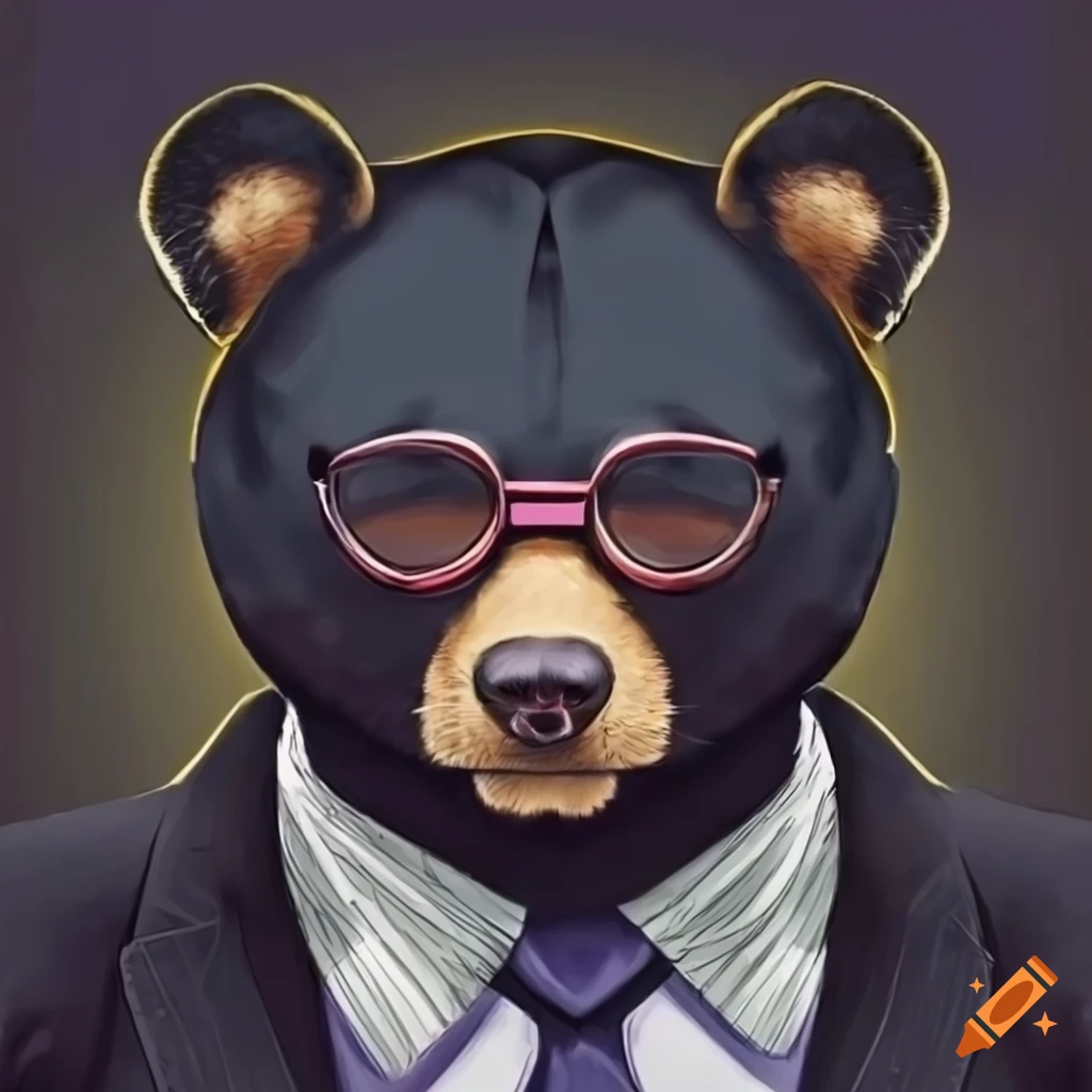A dapper black bear wearing glasses