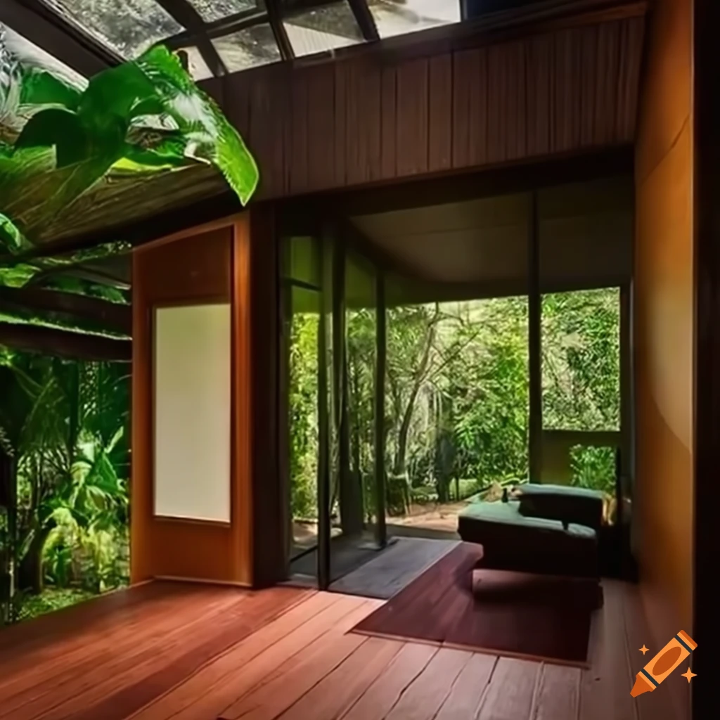 Tropical jungle inside a large midcentury mansion on Craiyon