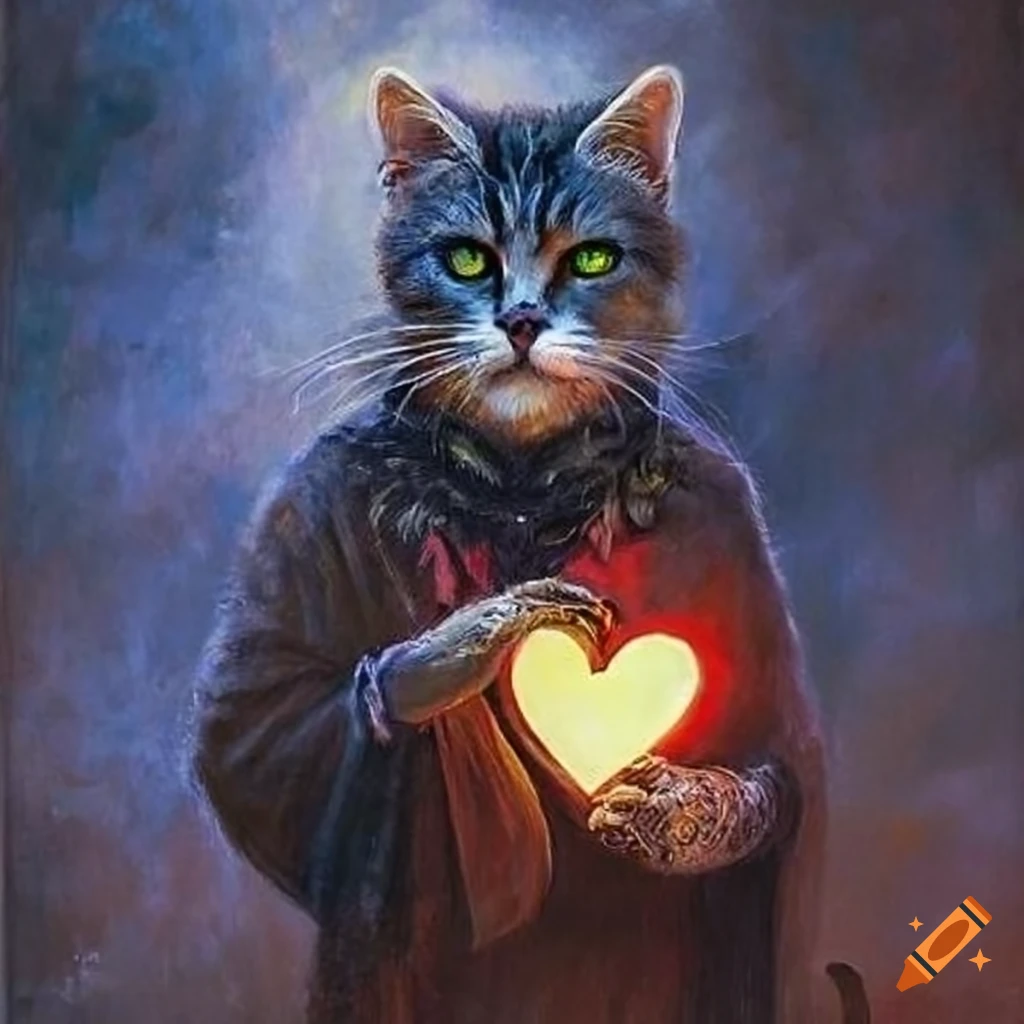 Dark fantasy oil painting of a wizard cat with a glowing heart on Craiyon