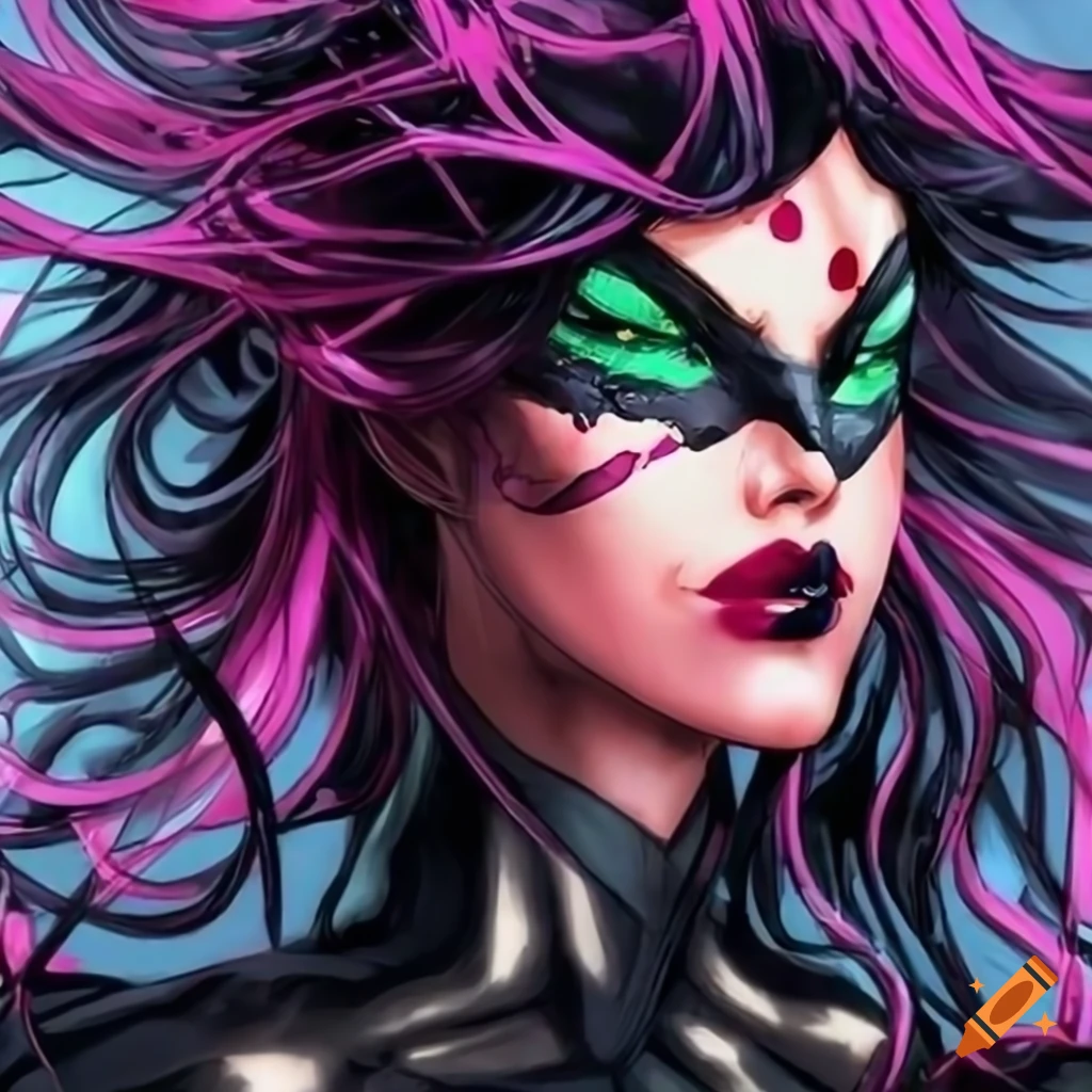 Image of a pink widow spider-woman with black hair and green eyes