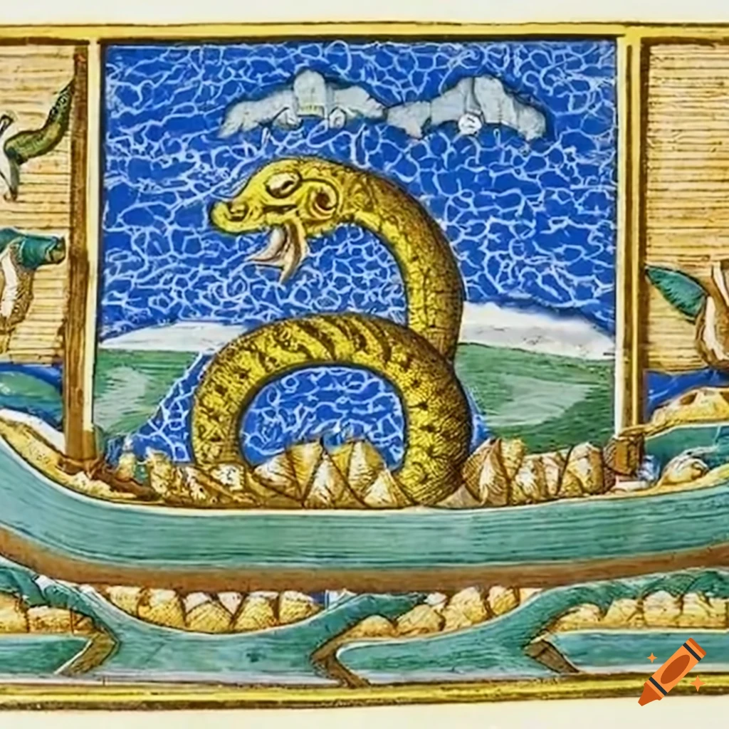 medieval woodcutting of a sea serpent emerging from the ocean on Craiyon