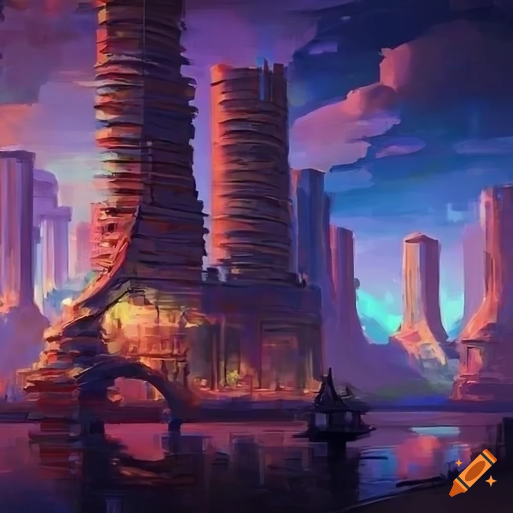 Highly detailed impressionist concept art of a futuristic factory on ...