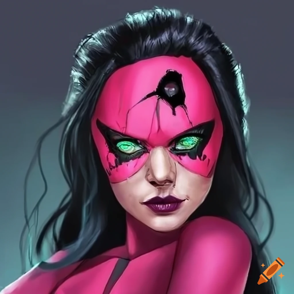 Image of a pink widow spider-woman with black hair and green eyes on ...
