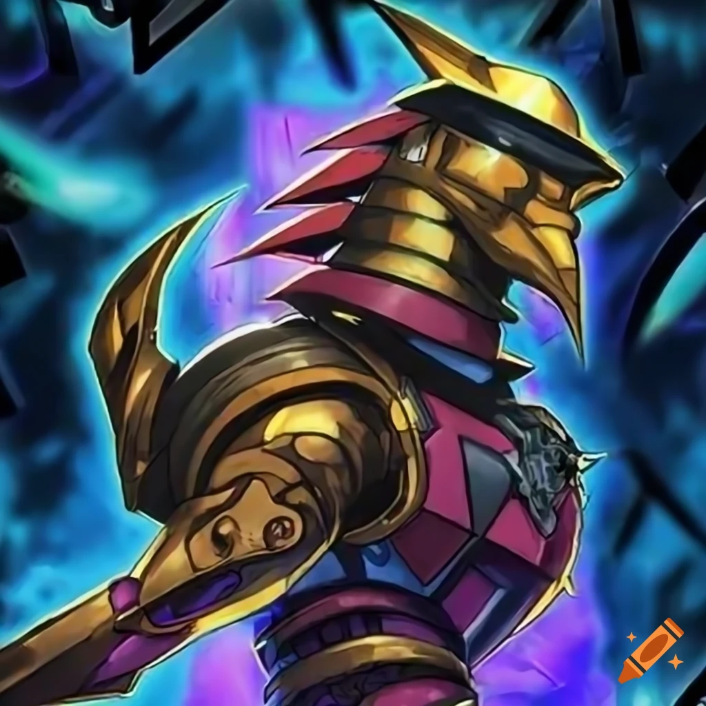 Yugioh masked machine monster launching lightning bolts on Craiyon