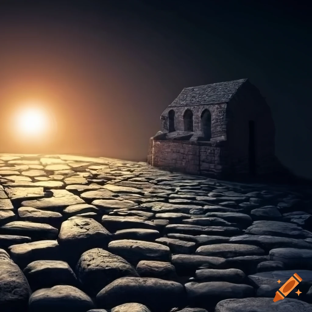 Cobblestone road on an asteroid with ruins of a stone church on Craiyon