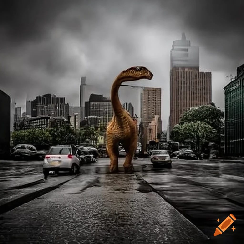 Dinosaur in the city during rainfall on Craiyon