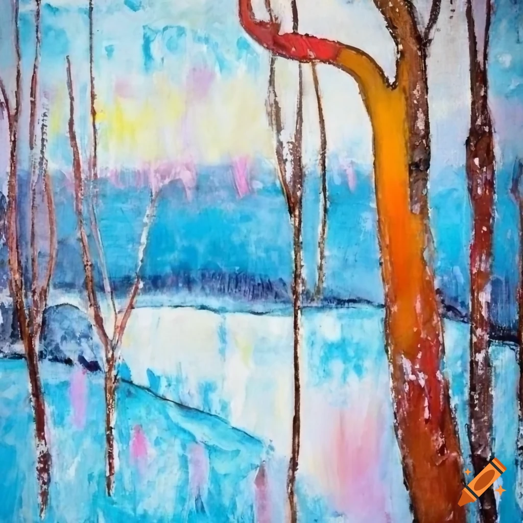 Matisse-style river and trees in an winter oil painting on Craiyon